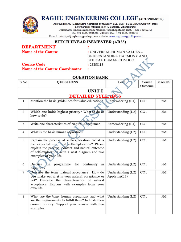 UHV Question Bank in Format (1).Docx | PDF | Psychological Concepts ...