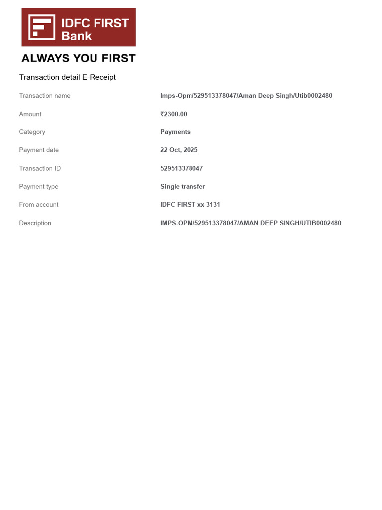 IMPS Payment E-Receipt for Aman Deep Singh | PDF