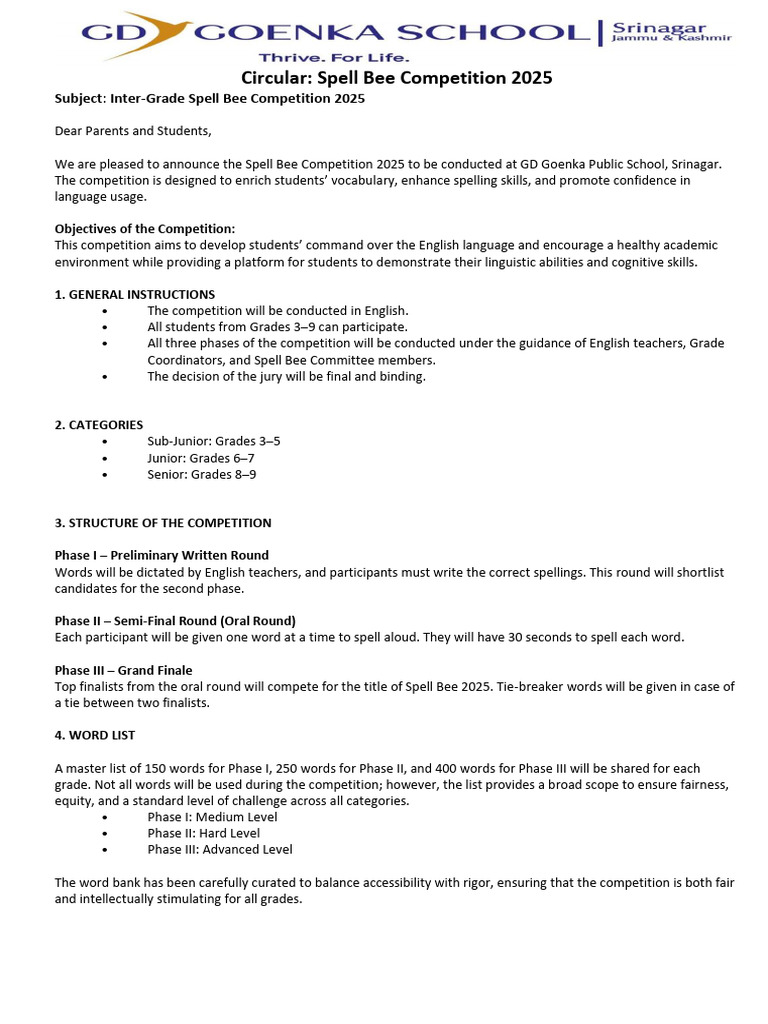 Spell Bee Competition 2025 Details | PDF | Cognition | Linguistics