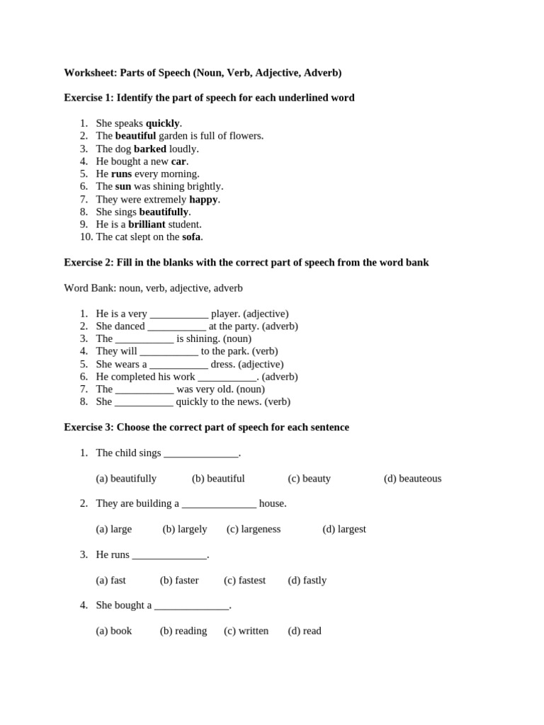 Parts of Speech Practice | PDF