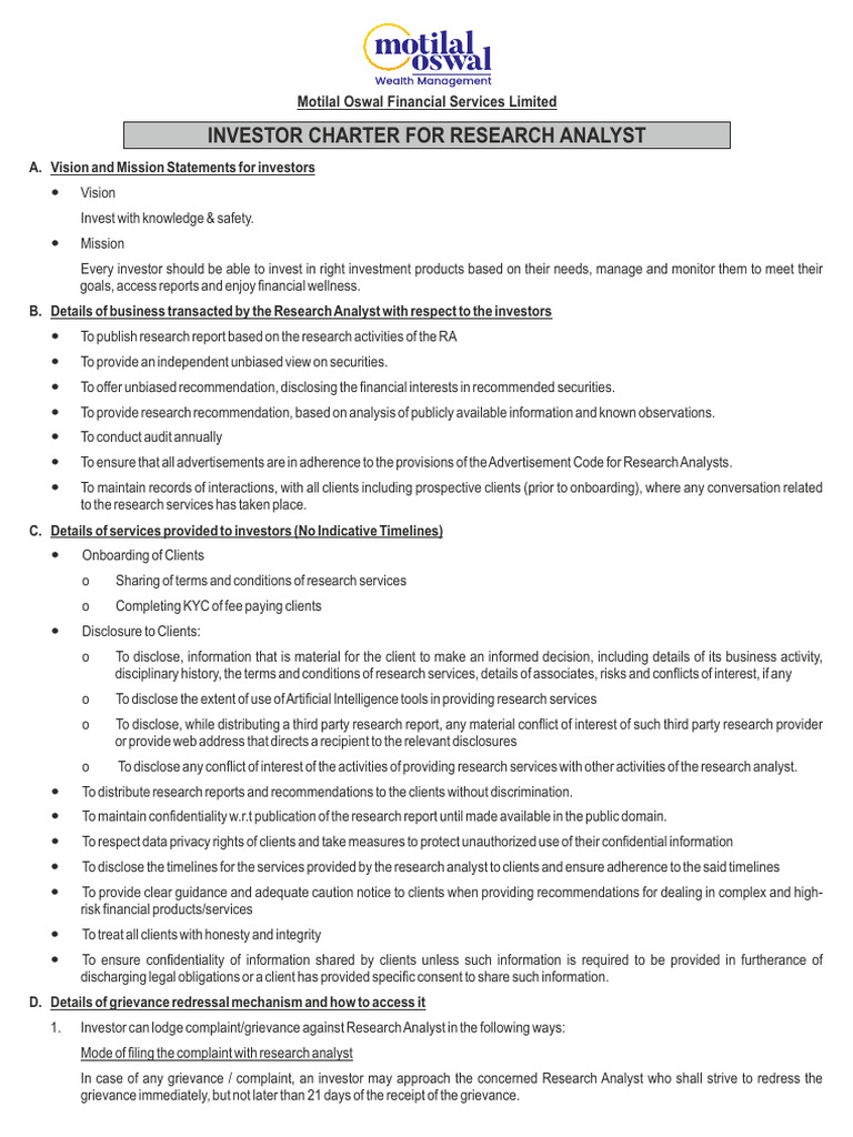 Investor Charter for Research Analysts | PDF | Conflict Of Interest ...