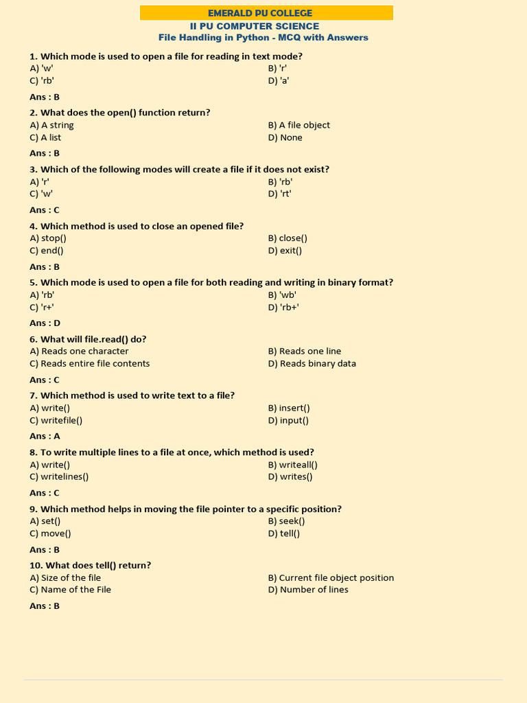File Handling in Pything MCQ With Answers | PDF | Computer File ...