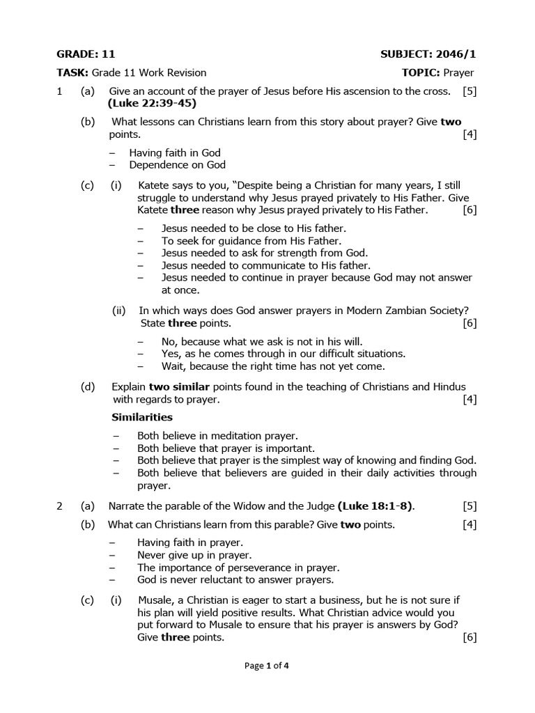 2022 Grade 11 Work Revision On Prayer | PDF | Prayer | Jesus