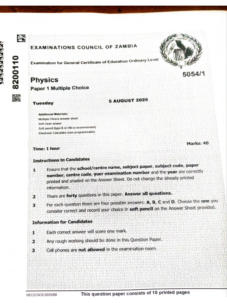Physics 5054 P1 GCE 2025 QP | PDF