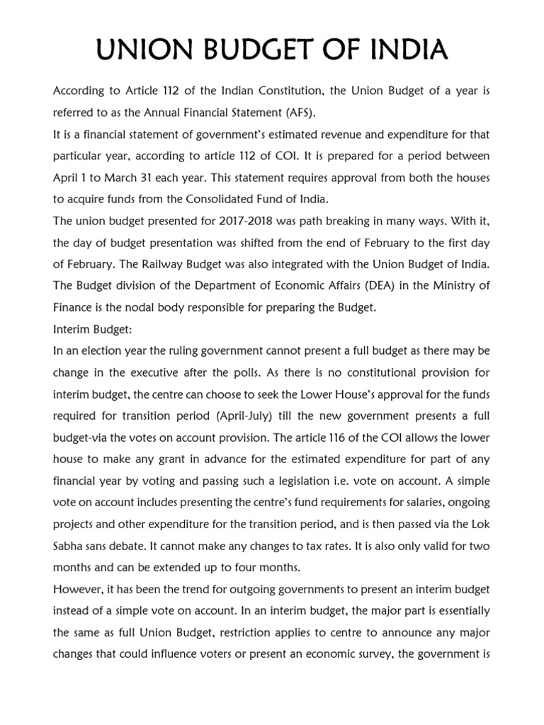 Overview of India's Union Budget 2024 | PDF | Government Finances ...