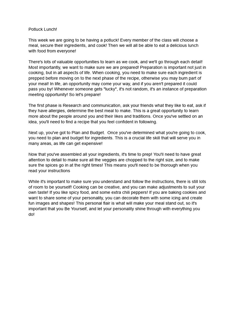 Potluck Lunch Lesson Plan | PDF