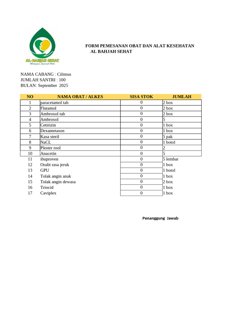 Form Pemesanan Obat Alkes Al Bahjah Sehat | PDF