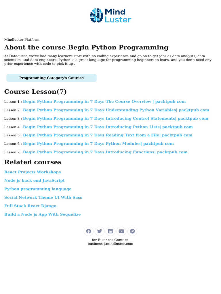 Begin Python Programming Course Content | PDF