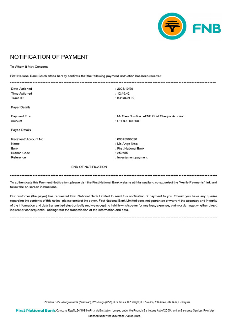 FNB Payment Notification for R1.8M | PDF