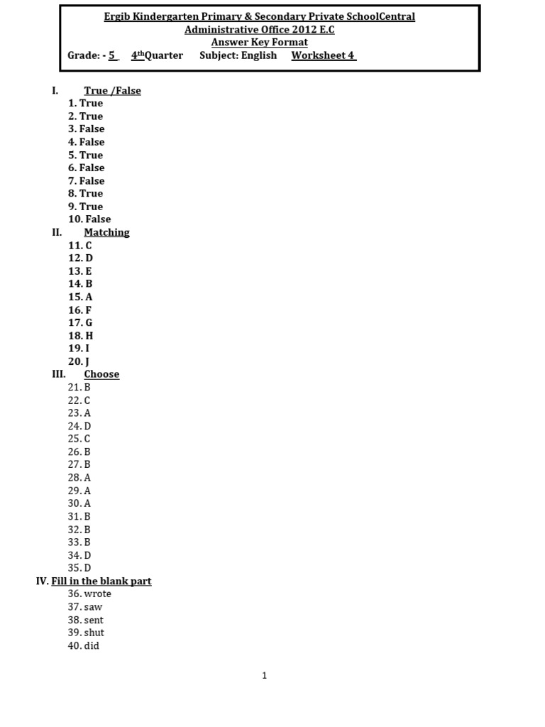 Grade 5 English Answer Key | PDF