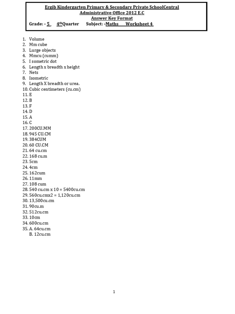 Volume Calculations for Grade 5 Maths | PDF