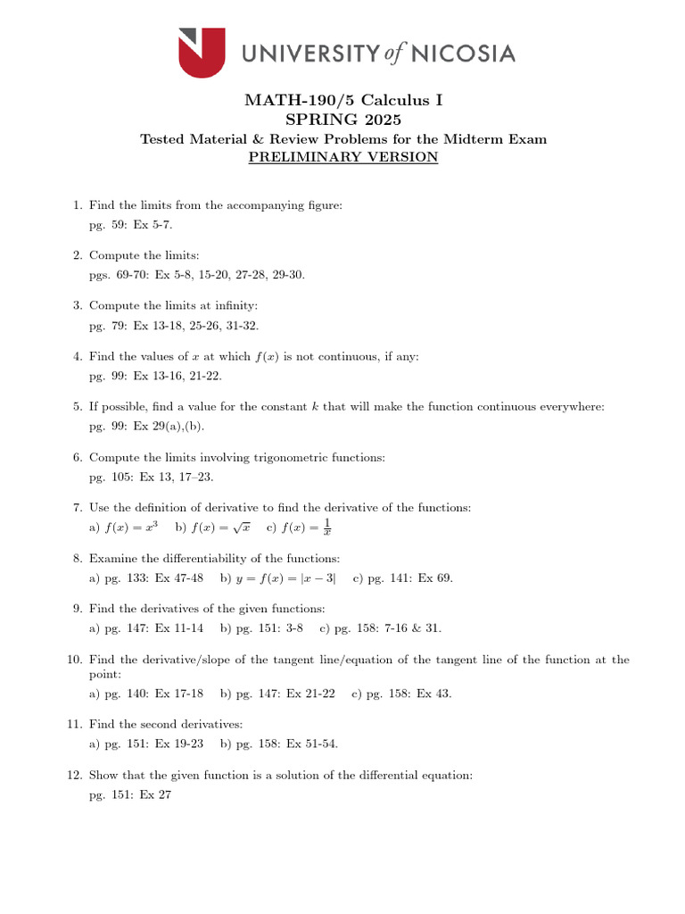Math 190 Review For Me Sp2025 | PDF