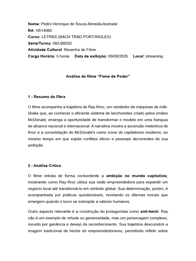 Análise do Filme "Fome de Poder" | PDF