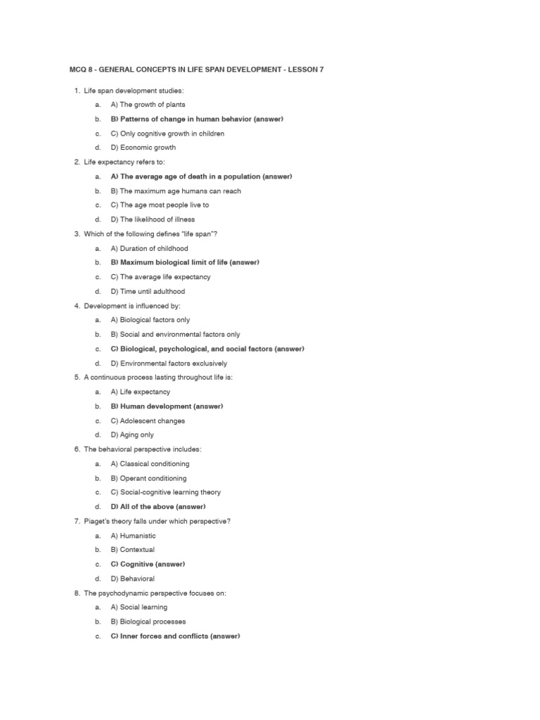 MCQ 8 - General Concepts in Life Span Development - Lesson 7 | PDF ...