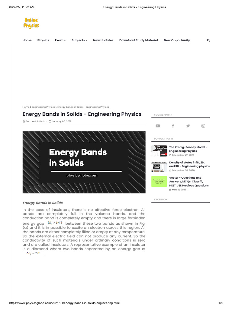 Energy Bands in Solids - Engineering Physics | PDF | Band Gap | Electrical Resistivity And ...