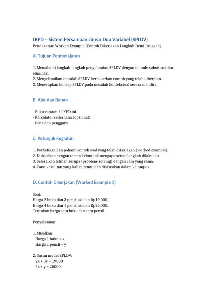 LKPD SPLDV Worked Example | PDF