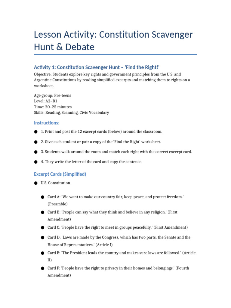 Constitution Scavenger Hunt and Debate | PDF | Government | Justice