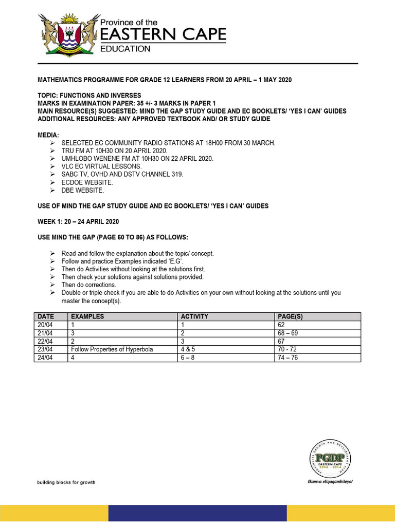 Mathematics GR 12 20 April - 1 May 2020 Grade Learners Programme | PDF