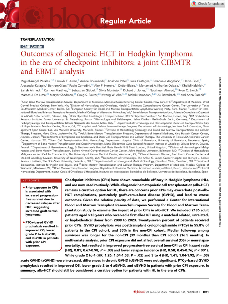 Outcomes of Allogeneic HCT in Hodgkin Lymphoma in The Era of Checkpoint ...