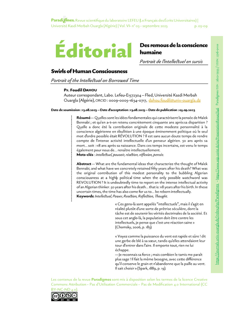 Editorial Des Remous de La Conscience Humaine Portrait de L ...