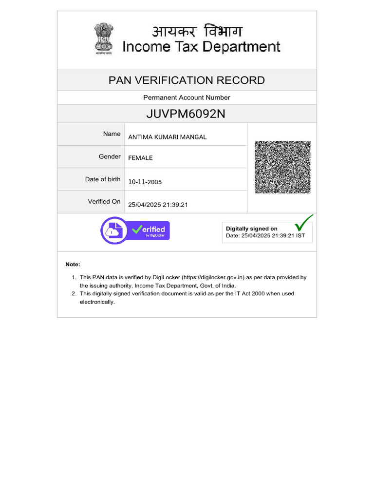 PAN Verification Record for Antima Kumari | PDF