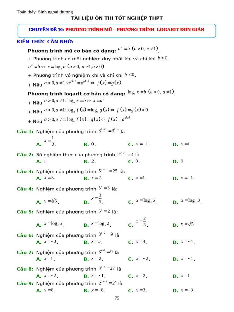 CD10 - PT Mu Logarit Đơn Giản - TN 4LC - de | PDF