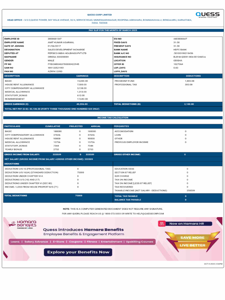 Amit Kumar Agarwal March 2025 Salary Slip - March-2025 | PDF
