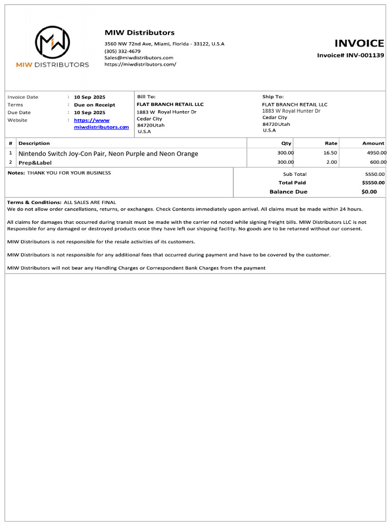 MIW Distribution Invoice Sep25 | PDF