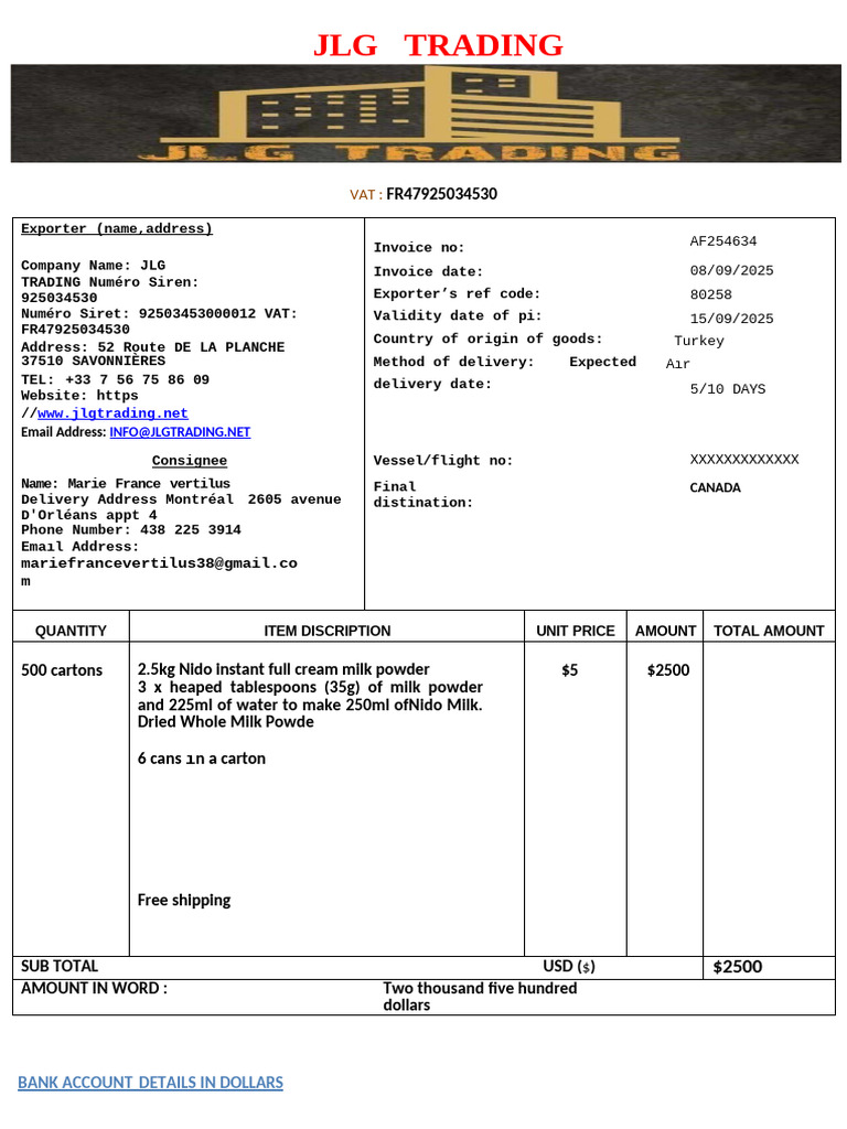 JLG Trading Invoice for Milk Powder Export | PDF | Animal Glandular ...