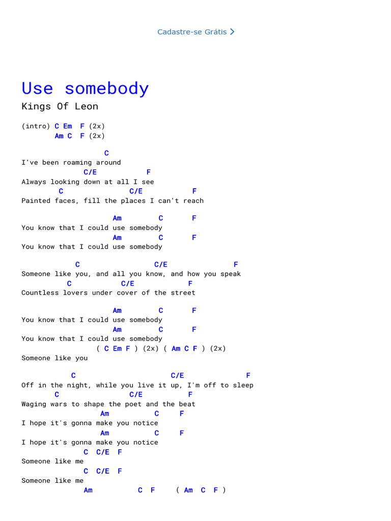 Use Somebody Cifra Kings of Leon | PDF