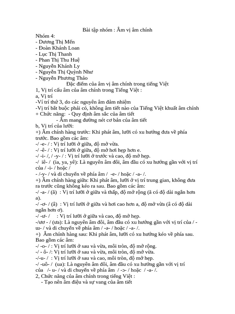 Bài tập nhóm 4 Âm vị âm chính | PDF
