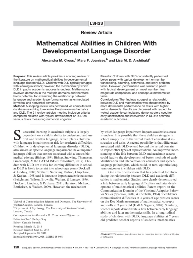 Mathematical Abilities in Children With Developmental Language Disorder ...