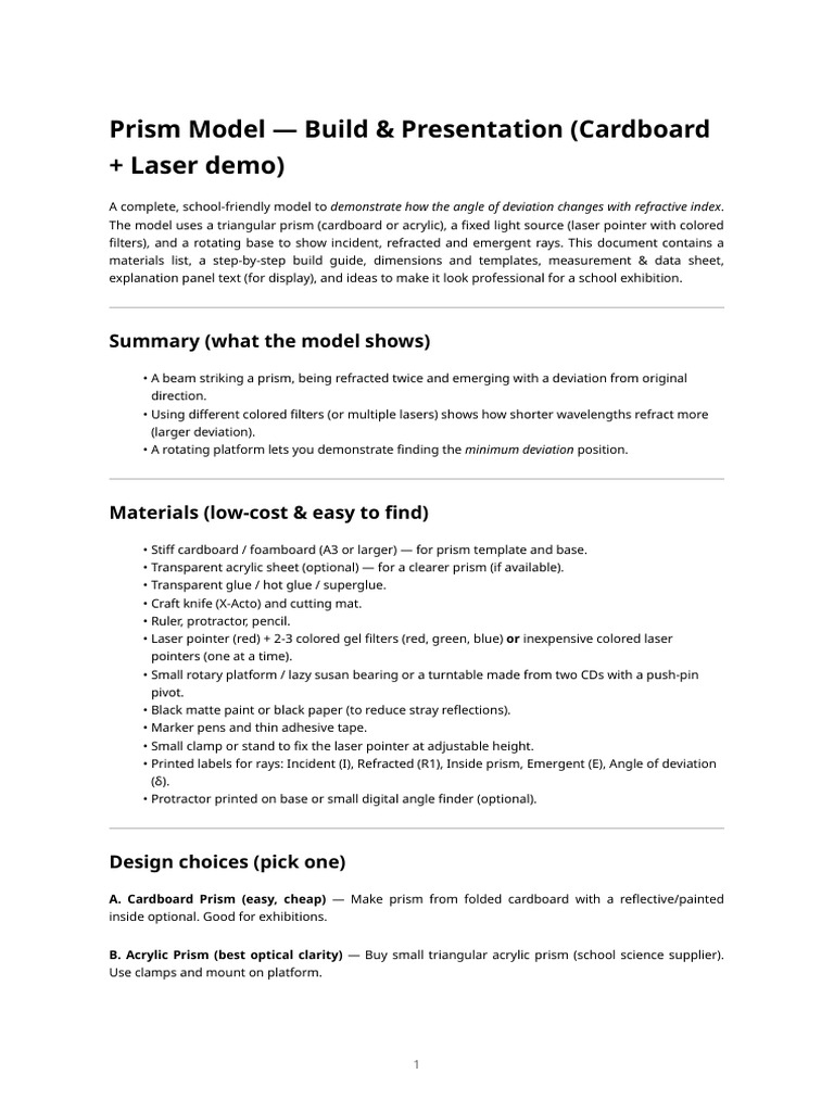 Cardboard Prism Model for Light Refraction | PDF | Refractive Index ...