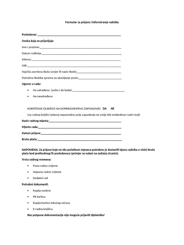 Formular Za Prijavu I Informiranje Radnika | PDF