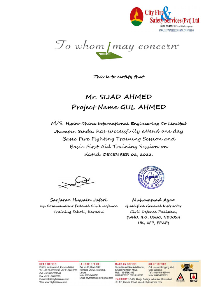 Fire Fighting and First Aid Training Certificate | PDF