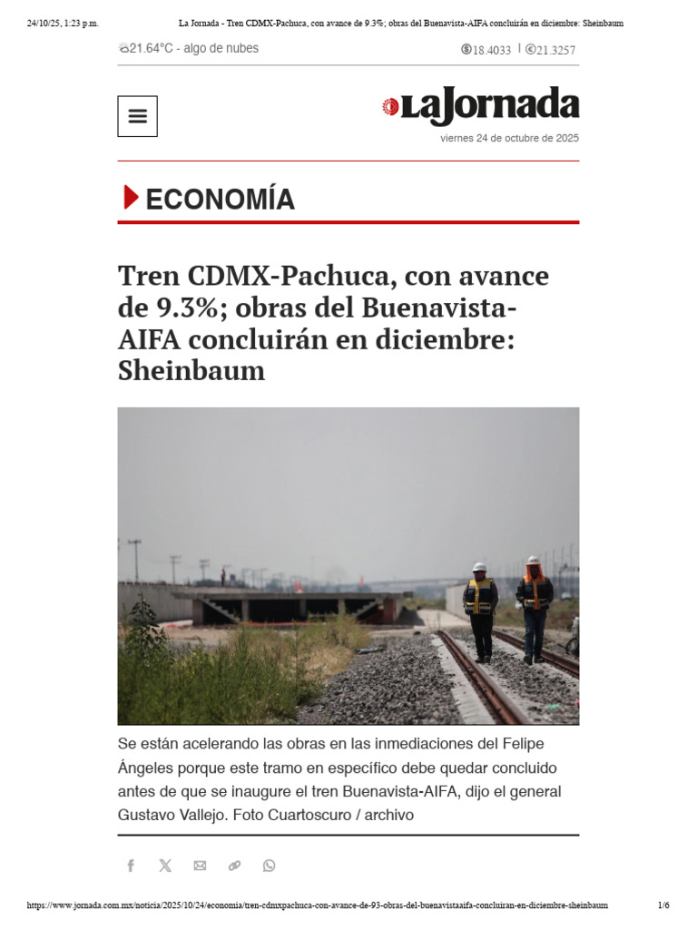 La Jornada - Tren CDMX-Pachuca, con avance de 9.3%; obras del Buenavista-AIFA concluirán en ...