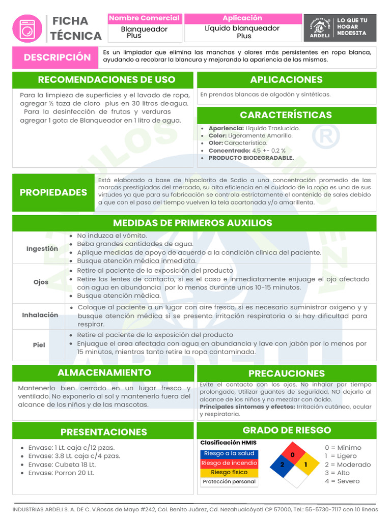 Ficha Tecnica Blanqueador-Cloro | PDF | Blanqueador | Agua