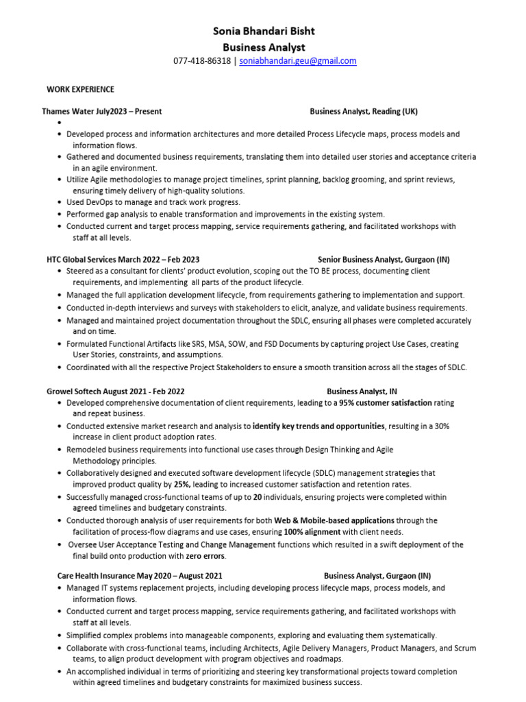 Sonia Business Analyst Resume (2) - 1 | PDF | Software Development Process | Agile Software ...
