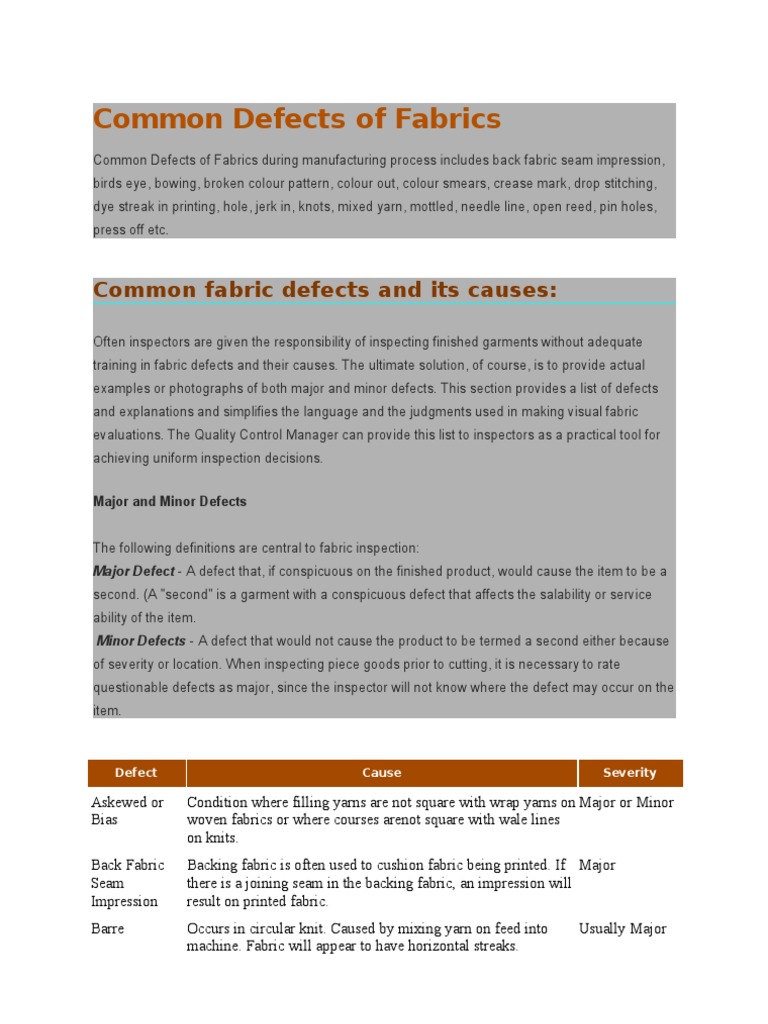 Common Defects of Fabrics | PDF | Knitting | Textiles