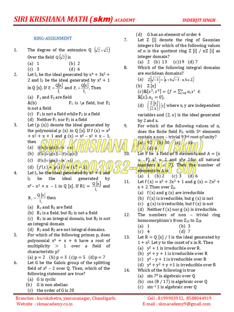 SKM - Ring Theory - Assignment | PDF | Ring (Mathematics) | Field (Mathematics)
