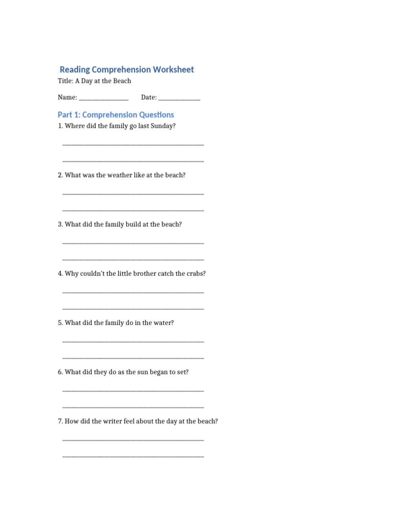 Beach Reading Worksheet | PDF