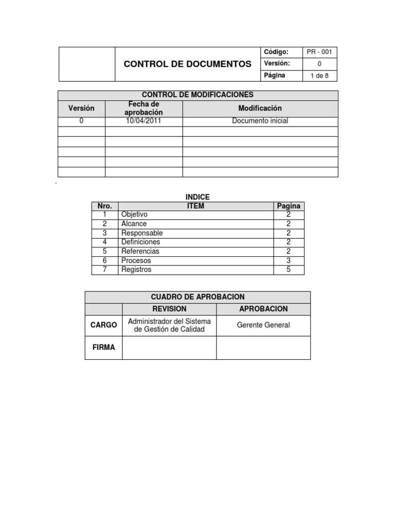Modelo para Procedimiento Control de Documentos | PDF | Calidad ...