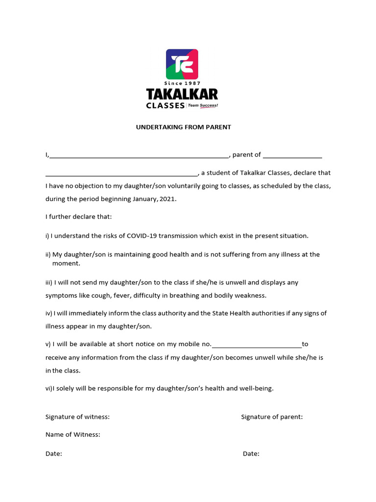 Parent Undertaking for Class Attendance | PDF