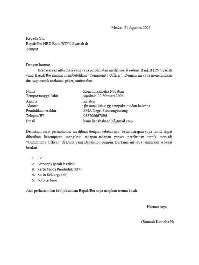 Kamelia Rotanuli N Lamaran - BTPN MEDAAN | PDF