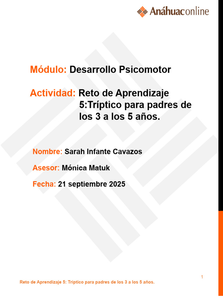 Reto de Aprendizaje 5 - Desarrollo PSicomotor - Sarah Infante Cavazos | PDF