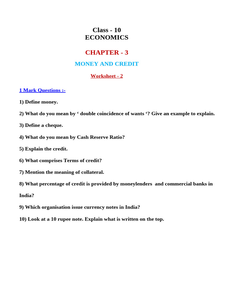 Class 10 Economics: Money and Credit Worksheet | PDF