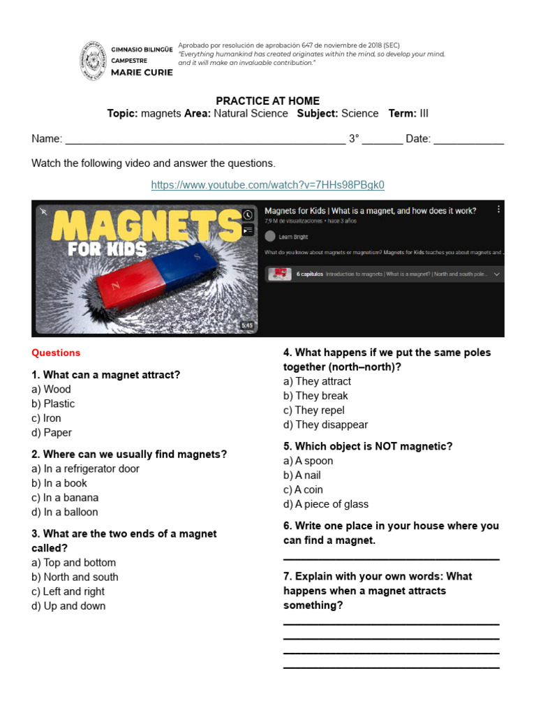 Magnets Practice at Home 3rd Grade | PDF | Magnet | Chess Theory