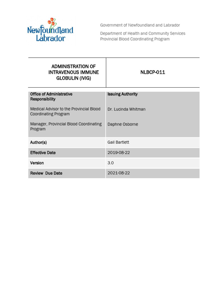 IVIG Administration Guidelines NLBCP-011 | PDF | Intravenous Therapy ...