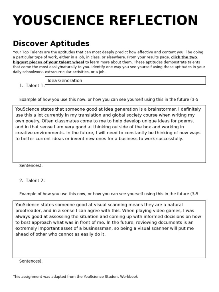 YouScience Reflection Option | PDF | Extraversion And Introversion | Learning