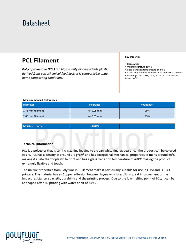 PCL Filament Specifications and Properties | PDF | Building Materials ...